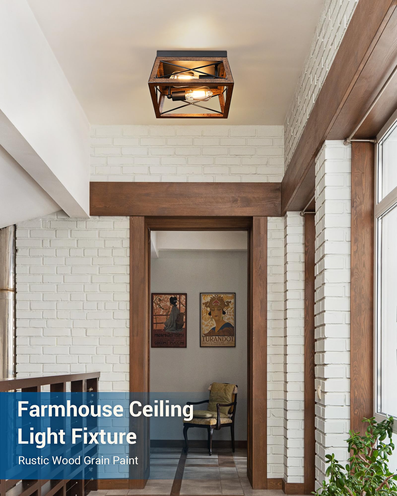 DEWENWILS Farmhouse Metal Flush Mount Light Fixture with Wood Grain Finish, 2-Light Ceiling Lamp for Kitchen, Hallway, Entryway, Foyer