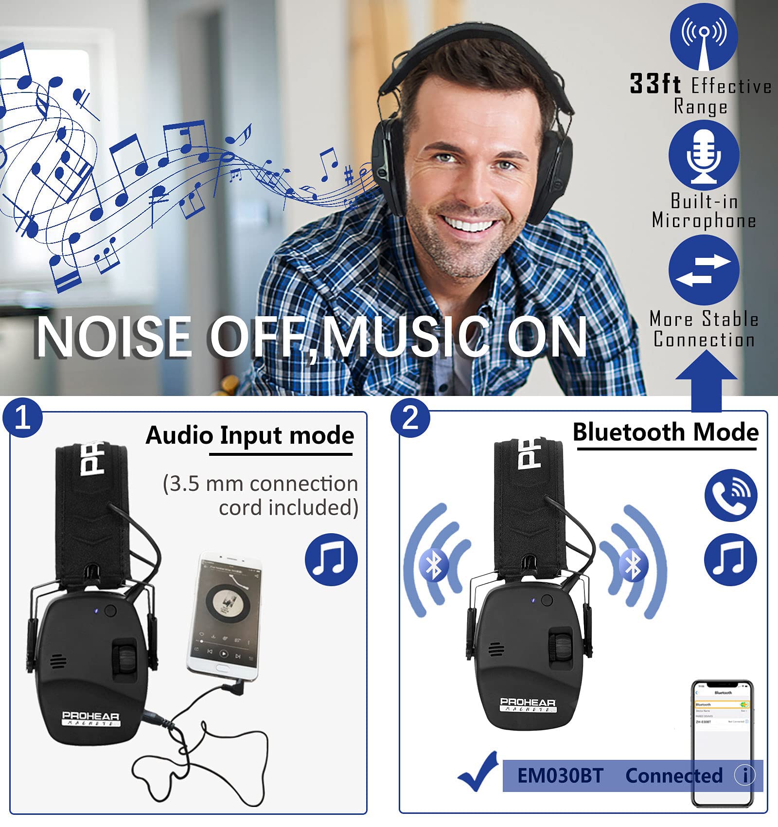 PROHEAR 016 & 030 Passive and Electronic with Bluetooth Shooting Ear Protection Safety Earmuffs, Slim Hearing Protector with Low-Profile
