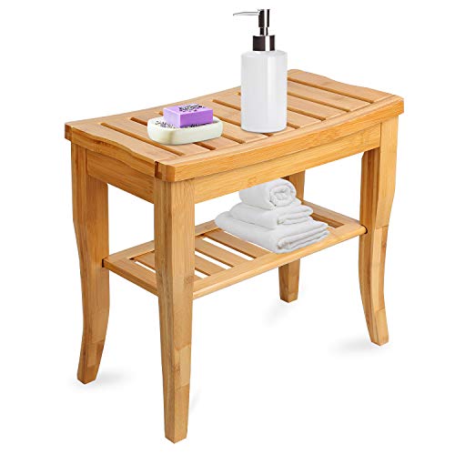 Widousy Bamboo Shower Bench Seat with Storage Shelf, Shower Chair Seat Bench Organizer for Indoor or Outdoor,Bathroom Decor