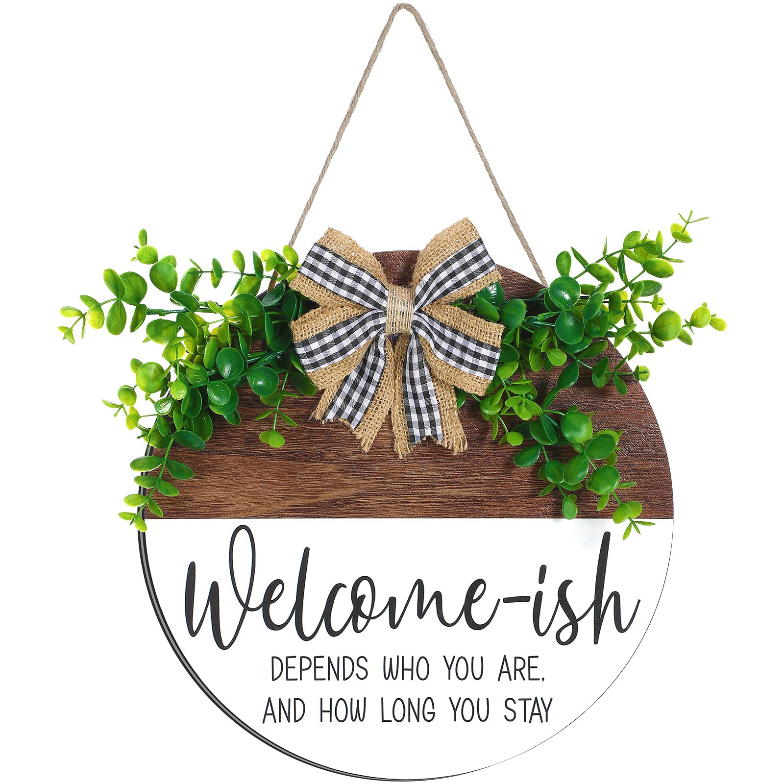 Welcome Sign Welcome-ish Front Door Sign Funny Wreaths Hanging Wooden Plaque Decoration Round Rustic Wood Farmhouse Porch Decor for Home Front Door Decor, 12 x 12 Inch (Classic Style)