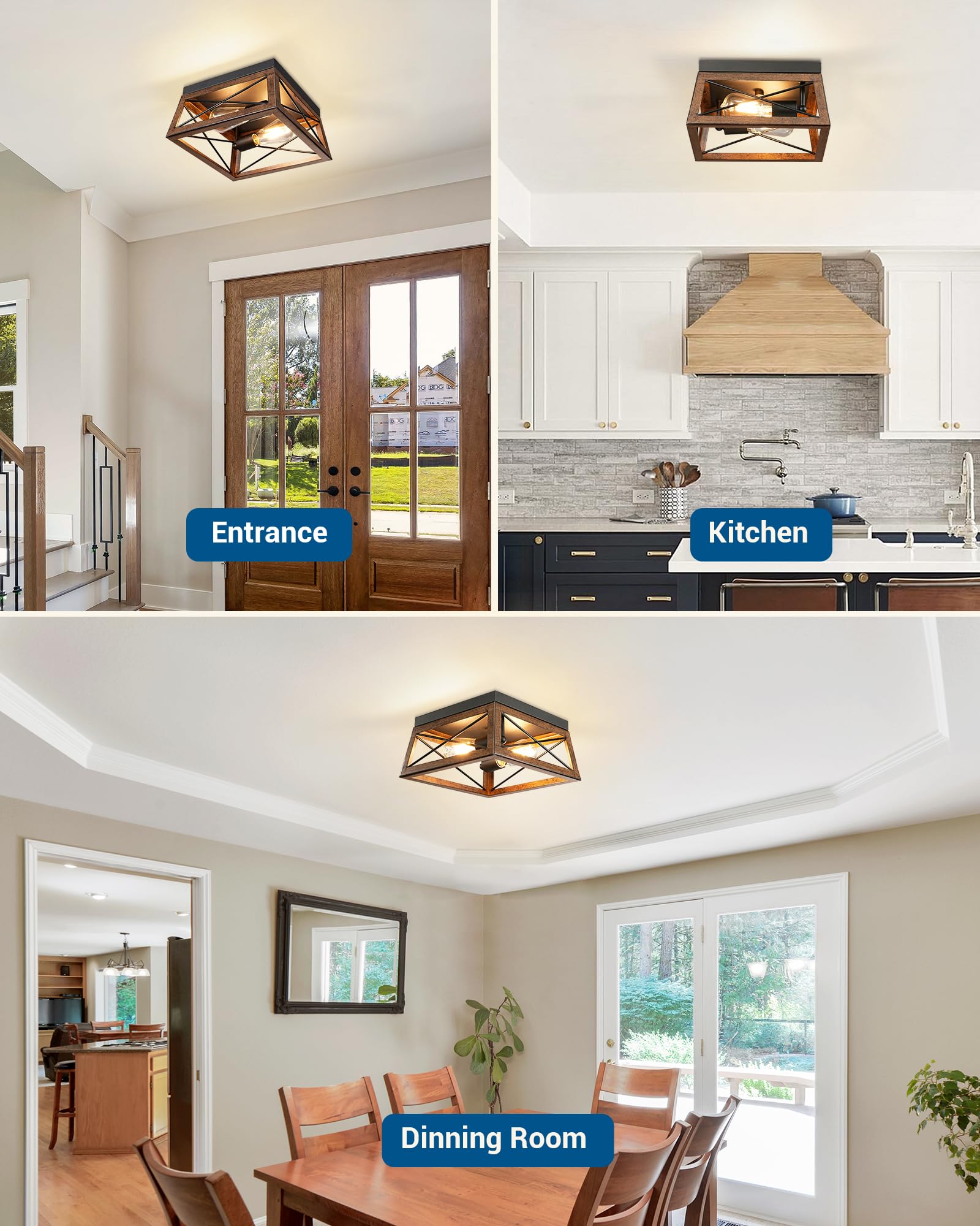 DEWENWILS Farmhouse Metal Flush Mount Light Fixture with Wood Grain Finish, 2-Light Ceiling Lamp for Kitchen, Hallway, Entryway, Foyer