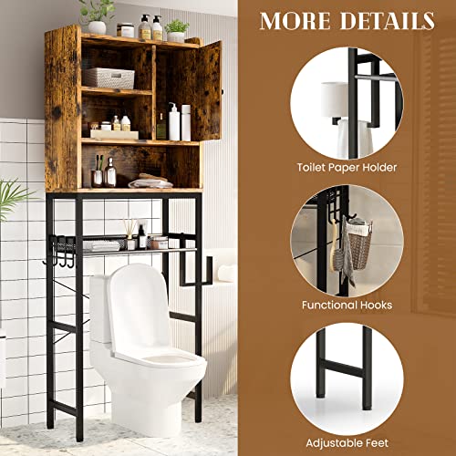 AWQM Over The Toilet Storage Cabinet, Bathroom Cabinet Organizer with Adjustable Shelf, Freestanding Space Saver Toilet Stands with Door, Paper Hook, Multifunctional Bathroom Toilet Rack, Rustic Brown