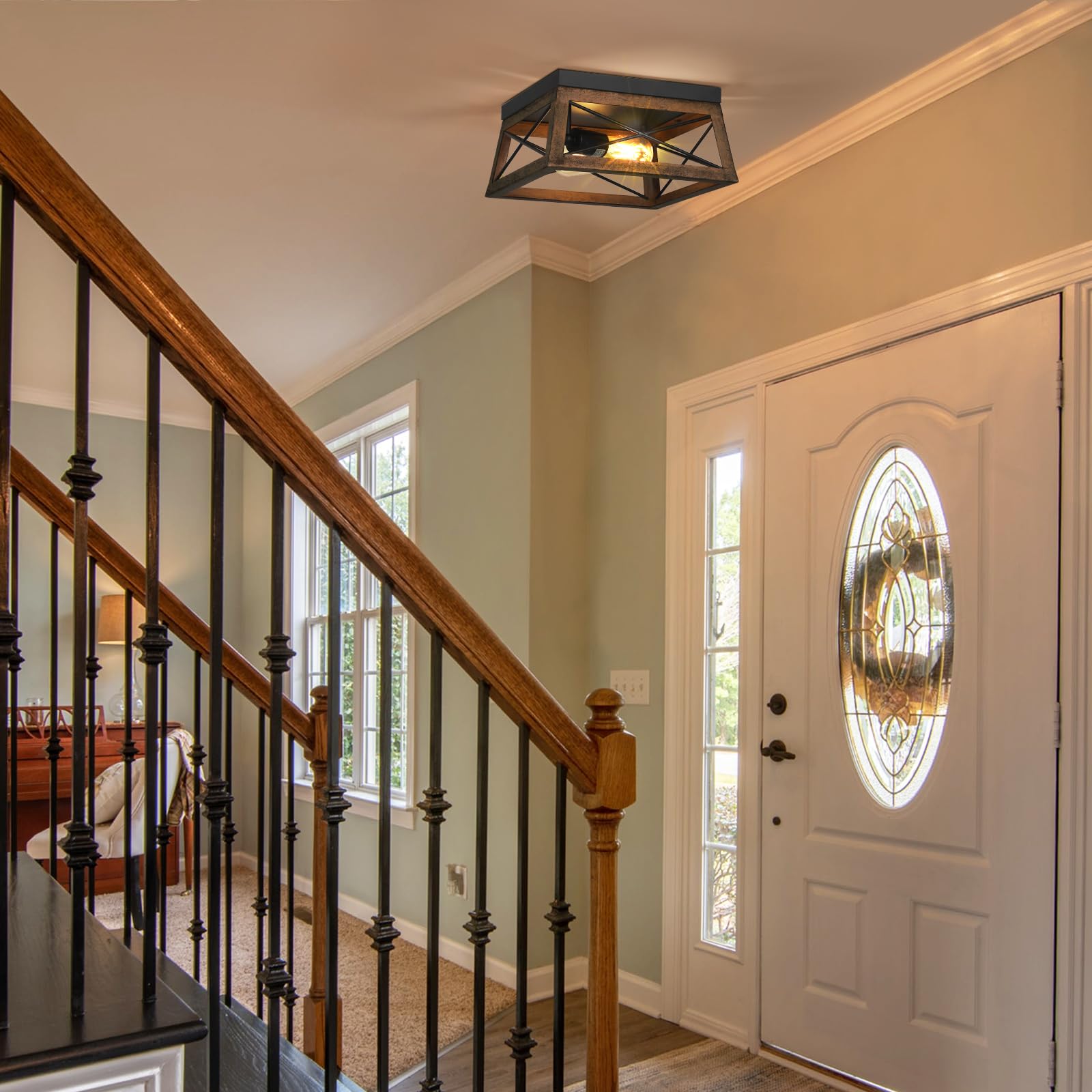 DEWENWILS Farmhouse Metal Flush Mount Light Fixture with Wood Grain Finish, 2-Light Ceiling Lamp for Kitchen, Hallway, Entryway, Foyer