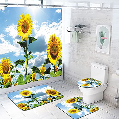 DOATS Sunflower Shower Curtain Sets with Rugs 4 Pcs Vintage Yellow Floral Bathroom Decor Set Waterproof Shower Curtain Non-Slip Rugs Toilet Rugs Bath Mats, with 12 Hooks (10,59x70.8in)