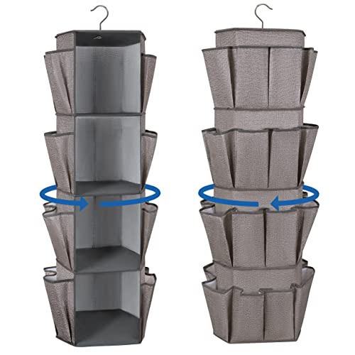 coastal rose Rotating Closet Organizer with 24 Pockets,4-Tier Hanging Shoe Organizer for Closet, Hanging Closet Organizers and Storage Shelves, Space Saving Closet Shelf, Grey