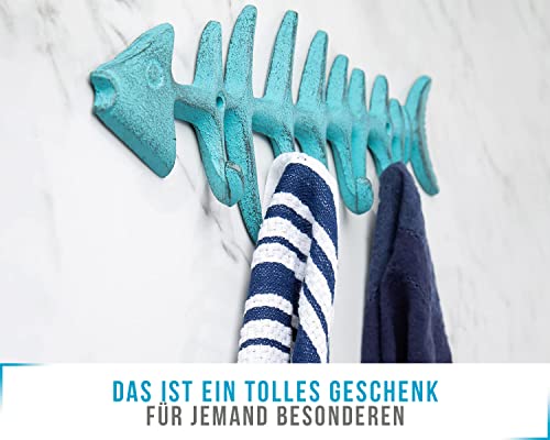 Comfify Decorative Fish Bones Wall Mounted Towel Rack Stylish Cast Iron Hanger w/ 4 “Fish” Hooks | Includes Screws and Anchors - Fish Bones Towel Hanger - Teal Blue