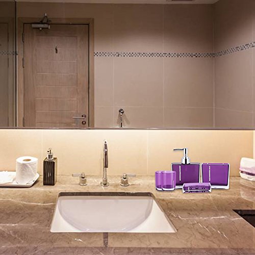 Yosoo 5 Pcs Bathroom Accessories Set Luxury Bath Vanity Set with Toothbrush Holder Containe Tumble Soap Dish Liquid Soap Lotion Pump Dispenser Purple Lotion Dispenser Soap Pump Toothbrush Cup