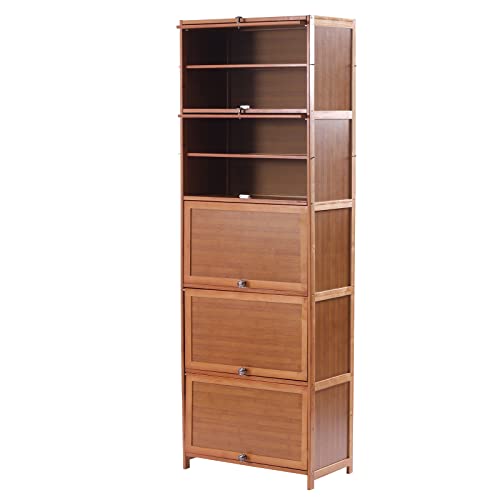 HAPPCUCOE 10-Tier Bamboo Shoes Rack Organizer Shoe Storage Cabinet Freestanding Shoe Rack with Doors for Entryway Office Living Room Bedroom Brown