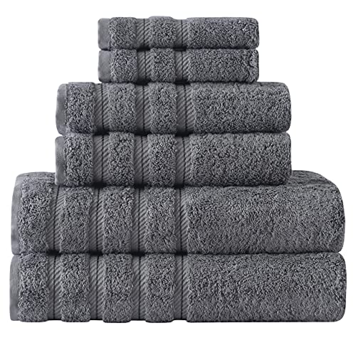 Classic Turkish Towels American Soft Cotton 6 Piece Towel Set - Premium Quality 2 Bath Towels, 2 Hand Towels, 2 Washcloths 100% Cotton USA (Grey)