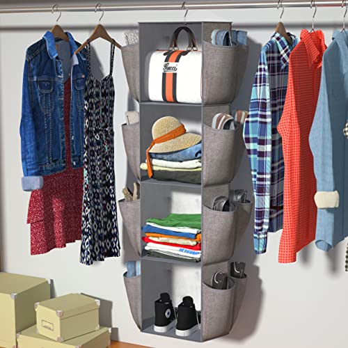 coastal rose Rotating Closet Organizer with 24 Pockets,4-Tier Hanging Shoe Organizer for Closet, Hanging Closet Organizers and Storage Shelves, Space Saving Closet Shelf, Grey