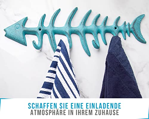 Comfify Decorative Fish Bones Wall Mounted Towel Rack Stylish Cast Iron Hanger w/ 4 “Fish” Hooks | Includes Screws and Anchors - Fish Bones Towel Hanger - Teal Blue