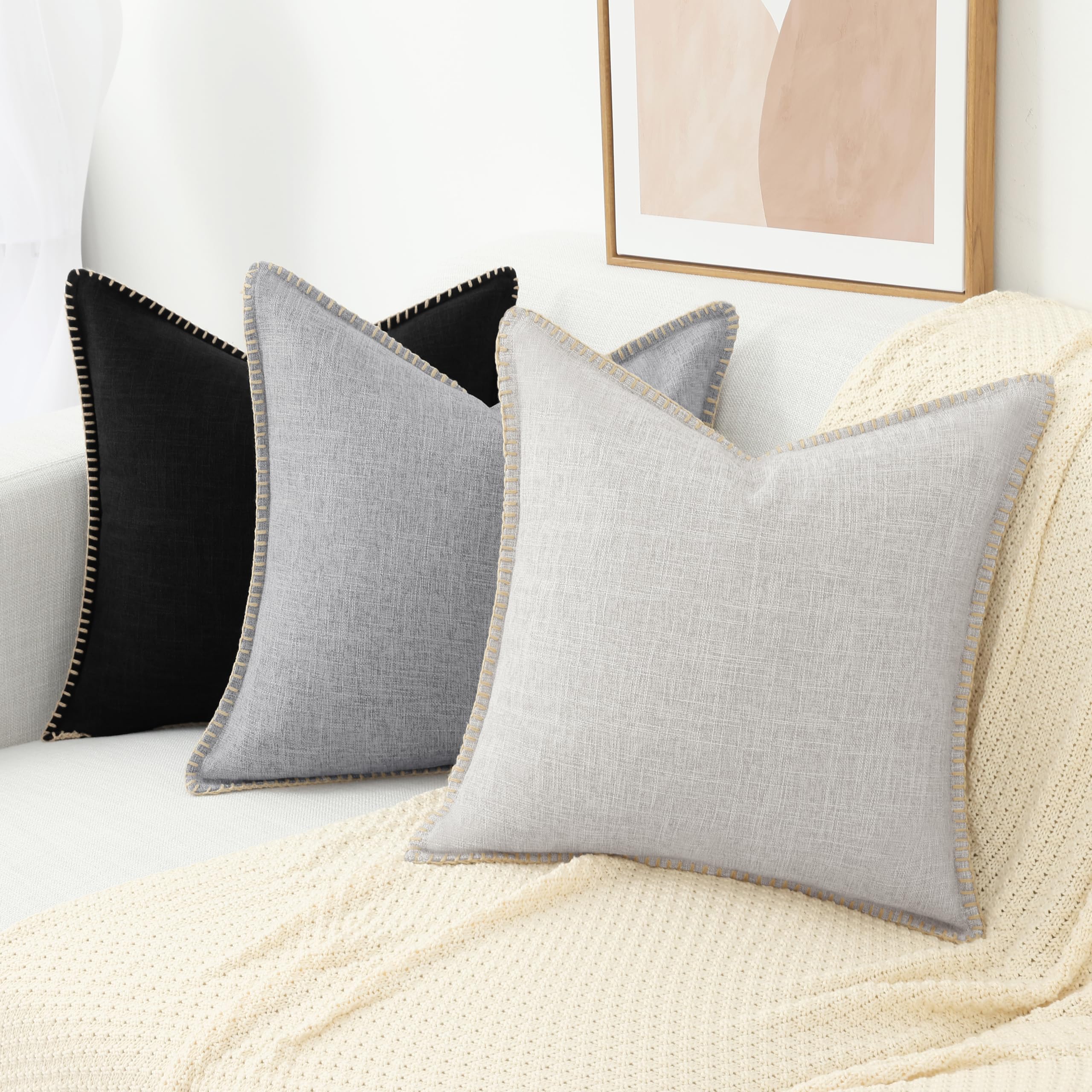 decorUhome Decorative Outdoor Throw Pillow Covers 18x18 Set of 2, Square Linen Rustic Farmhouse Pillow Covers with Stitched Edge for Couch, Sofa, Living Room, Black