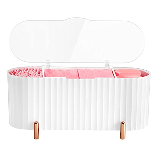CGBE Qtips Holder, 3 Grids Separate Cotton Swabs Dispenser, Cotton Ball Holder with Clear Lid, Cotton Swab Holder Storage Box Bathroom Organizer for Cotton Pads Swabs Rounds Balls -White