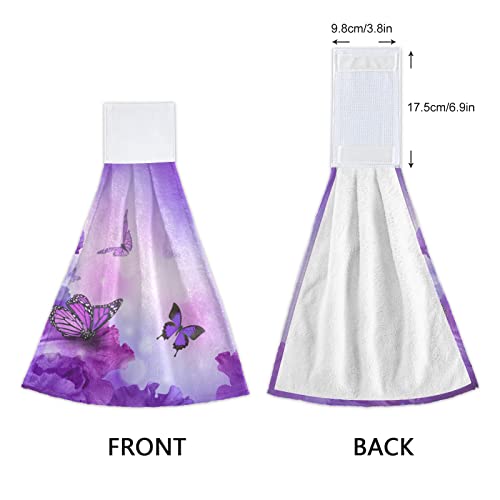 Kigai Purple Butterfly Hanging Tie Towels Set of 2, Absorbent Hand Towels Tea Bar Dish Dry Towels for Kitchen Bathroom Home Decor, 12 x 17 Inch
