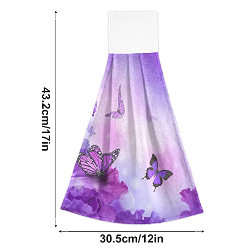 Kigai Purple Butterfly Hanging Tie Towels Set of 2, Absorbent Hand Towels Tea Bar Dish Dry Towels for Kitchen Bathroom Home Decor, 12 x 17 Inch