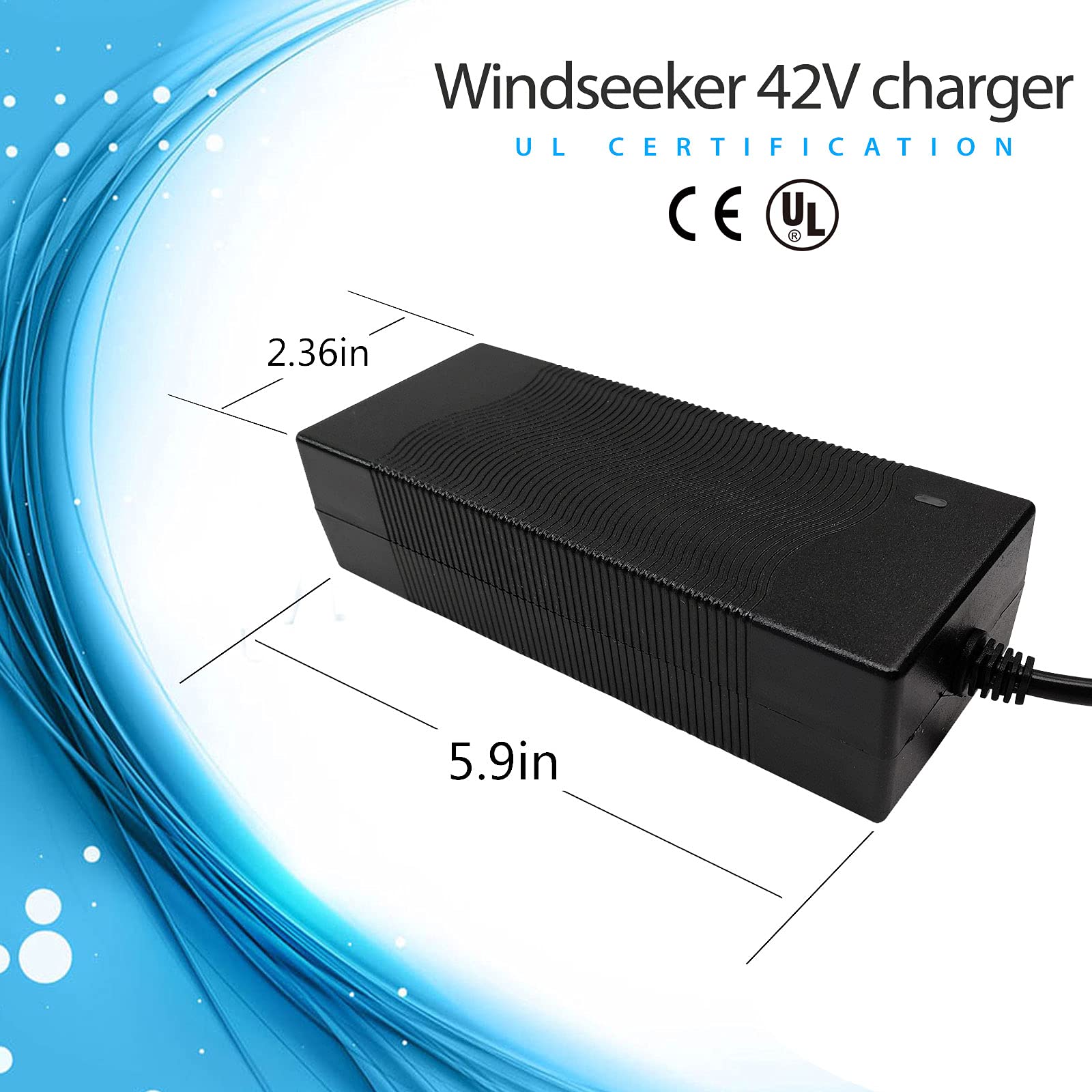 42V 2A Battery Charger Power Adapter, Windseeker Charger PowerFast Inline Connector for 36V/10S Electric Bike and Electric Skateboard Lithium Li-ion Battery