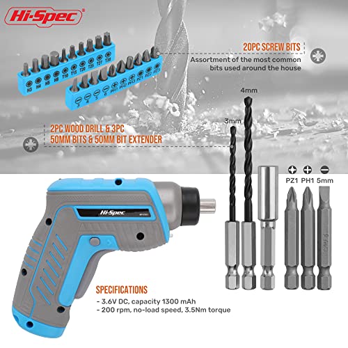 Hi-Spec 27pc 3.6V Blue USB Power Electric Screwdriver, Mini Drill and Small Drills Cordless with Driver Bit Set