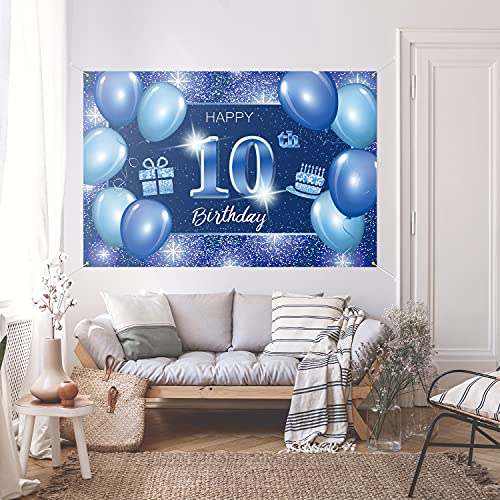 5665 Happy 10th Birthday Backdrop Banner Decor Blue – Dot Glitter Sparkle 10 Years Old Birthday party Theme Decorations for Boys Girls Supplies