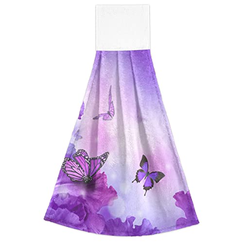 Kigai Purple Butterfly Hanging Tie Towels Set of 2, Absorbent Hand Towels Tea Bar Dish Dry Towels for Kitchen Bathroom Home Decor, 12 x 17 Inch