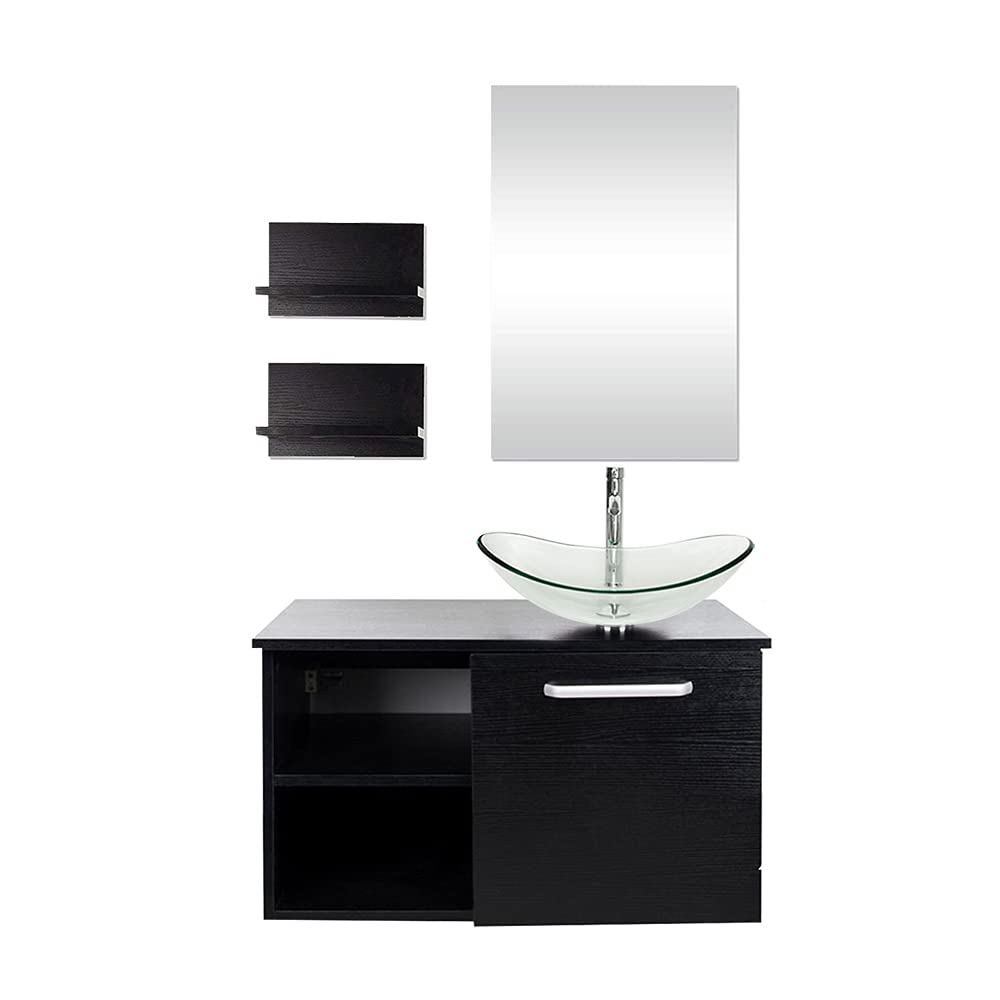 Puluomis 28-Inch Bathroom Vanity, Modern Lavatory Wall Mounted Wood Cabinet with Mirror, Wood Black Fixture, Boat Tempered Glass Sink Top with Single Faucet Hole
