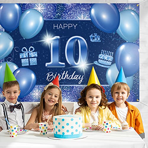 5665 Happy 10th Birthday Backdrop Banner Decor Blue – Dot Glitter Sparkle 10 Years Old Birthday party Theme Decorations for Boys Girls Supplies