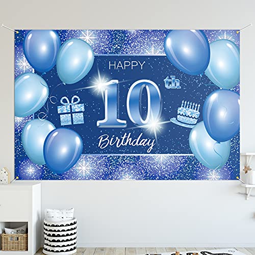 5665 Happy 10th Birthday Backdrop Banner Decor Blue – Dot Glitter Sparkle 10 Years Old Birthday party Theme Decorations for Boys Girls Supplies