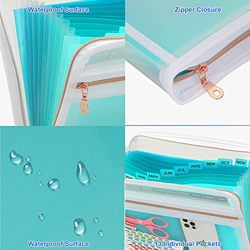 CCidea Expanding File Folder with 13 Pocket, Zipper Closure Accordion Document Organizer,Letter A4 Paper Document Accordion Folder(Green)