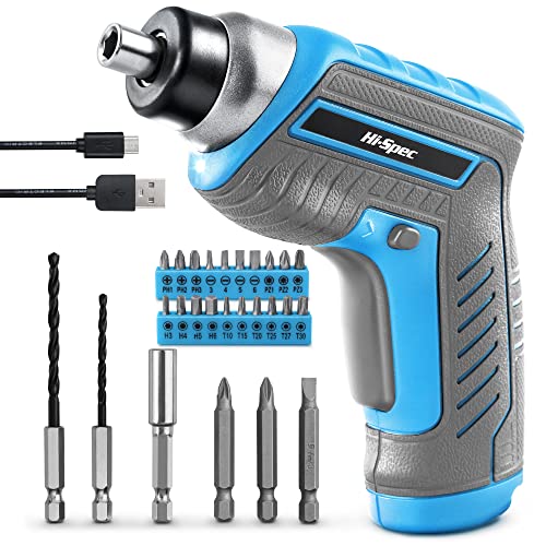 Hi-Spec 27pc 3.6V Blue USB Power Electric Screwdriver, Mini Drill and Small Drills Cordless with Driver Bit Set