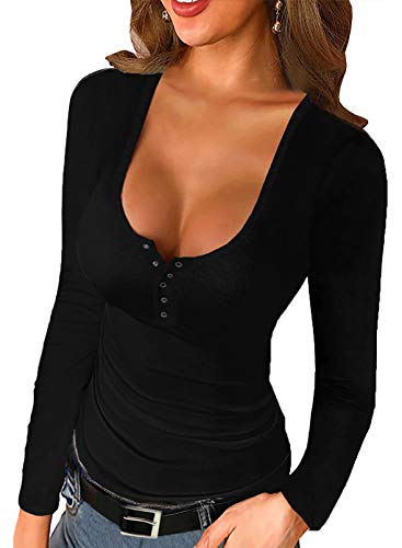 Dokotoo Women's Plus Size Sexy Long Sleeve Shirts for Women V Neck Tunic Tops for Leggings Soild Color Front Button Up Fall Top T Shirts Stretch Blouse Black Large