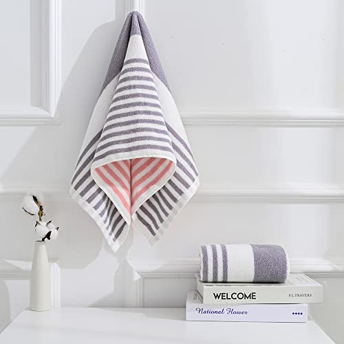 YiLUOMO Pink & Grey Hand Towel Set of 2 Striped Pattern 100% Cotton Soft Absorbent Decorative Hand Towels for Bathroom 13 x 29 Inch
