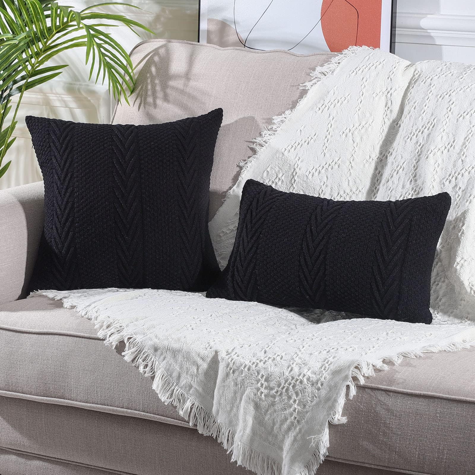 MANDIOO Cotton Knitted Decorative Lumbar Throw Pillow Covers Soft Cozy Outdoor Cushion Cases Luxury Modern Pillowcases for Couch Sofa Bed 12x20 Inches Black