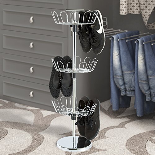 Lavish Home Rotating Shoe Rack Tower, 3-Tier Revolving Shoe Organizer, Chrome Finish, Holds 18 Pairs of Shoes