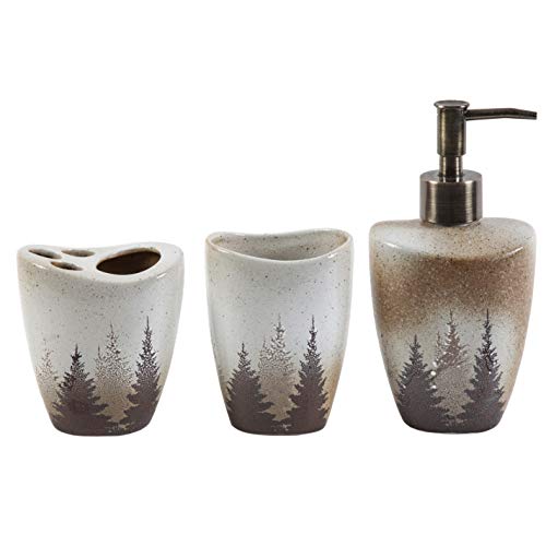 Paseo Road by HiEnd Accents | Clearwater Pines 3 Piece Rustic Countertop Bathroom Accessory Set with Soap Lotion Dispenser, Tumbler, Toothbrush Holder, Forest Pine Tree Cabin Theme Bath Accessories