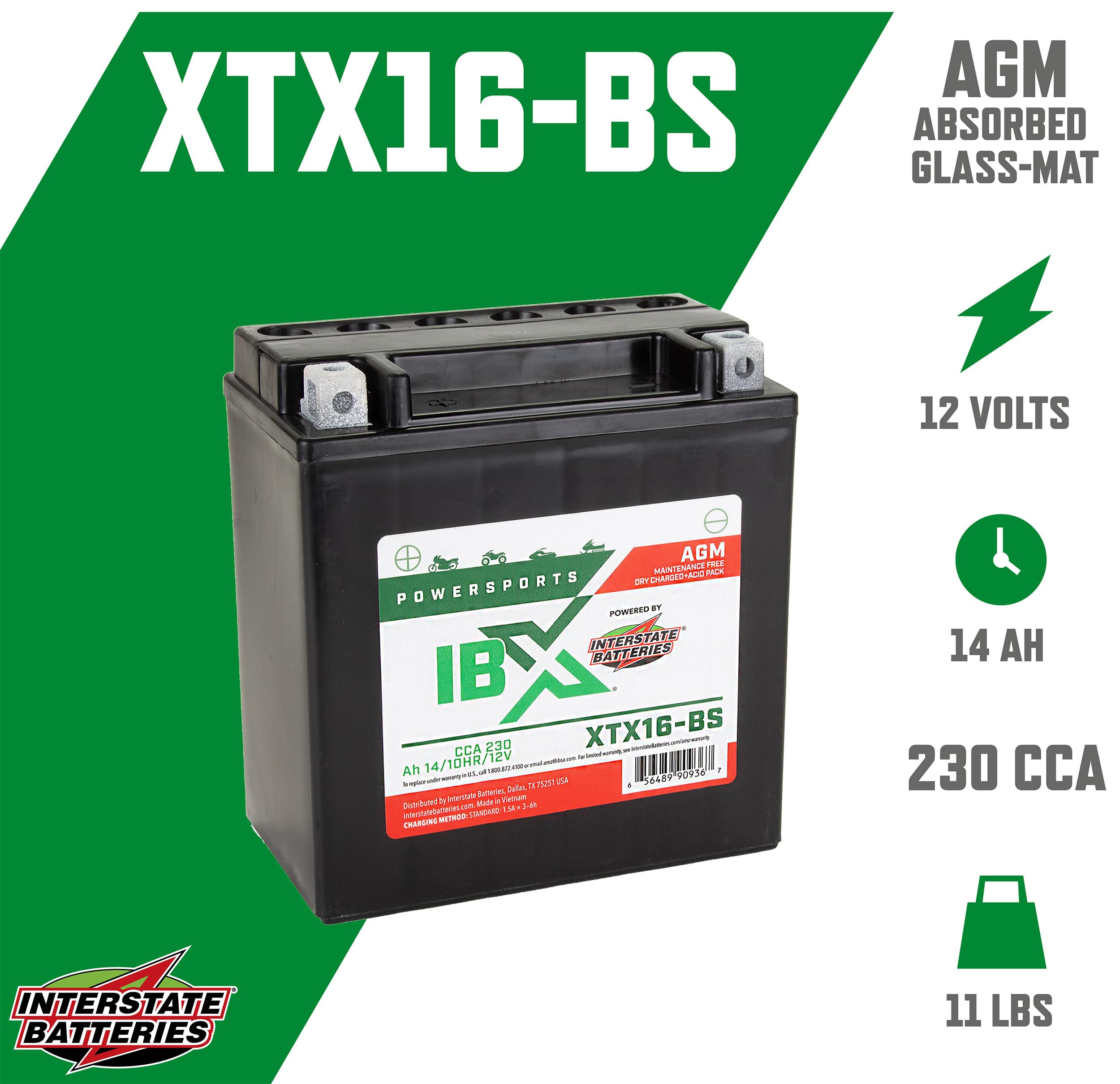 Interstate Batteries YTX16-BS 12V 14Ah Powersports Battery 230CCA AGM Rechargeable Replacement for ATVs, Motorcycles, Scooters (XTX16-BS)