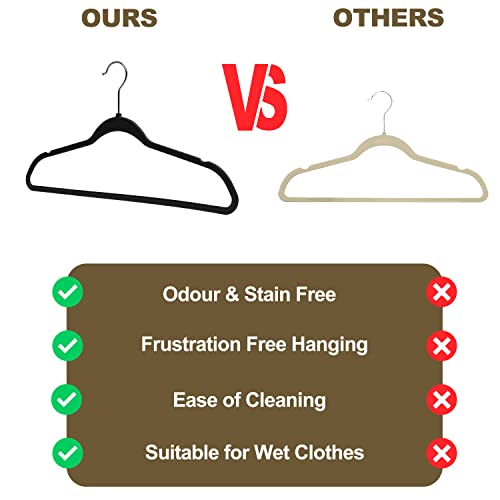 Quality Hangers 50 Pack Slim Plastic Hangers for Clothes - Heavy Duty Non-Velvet Hangers with 360° Swivel Chrome Hook & Non Slip Notches - Ideal for Dresses Coats Shirts Jackets & More - Black