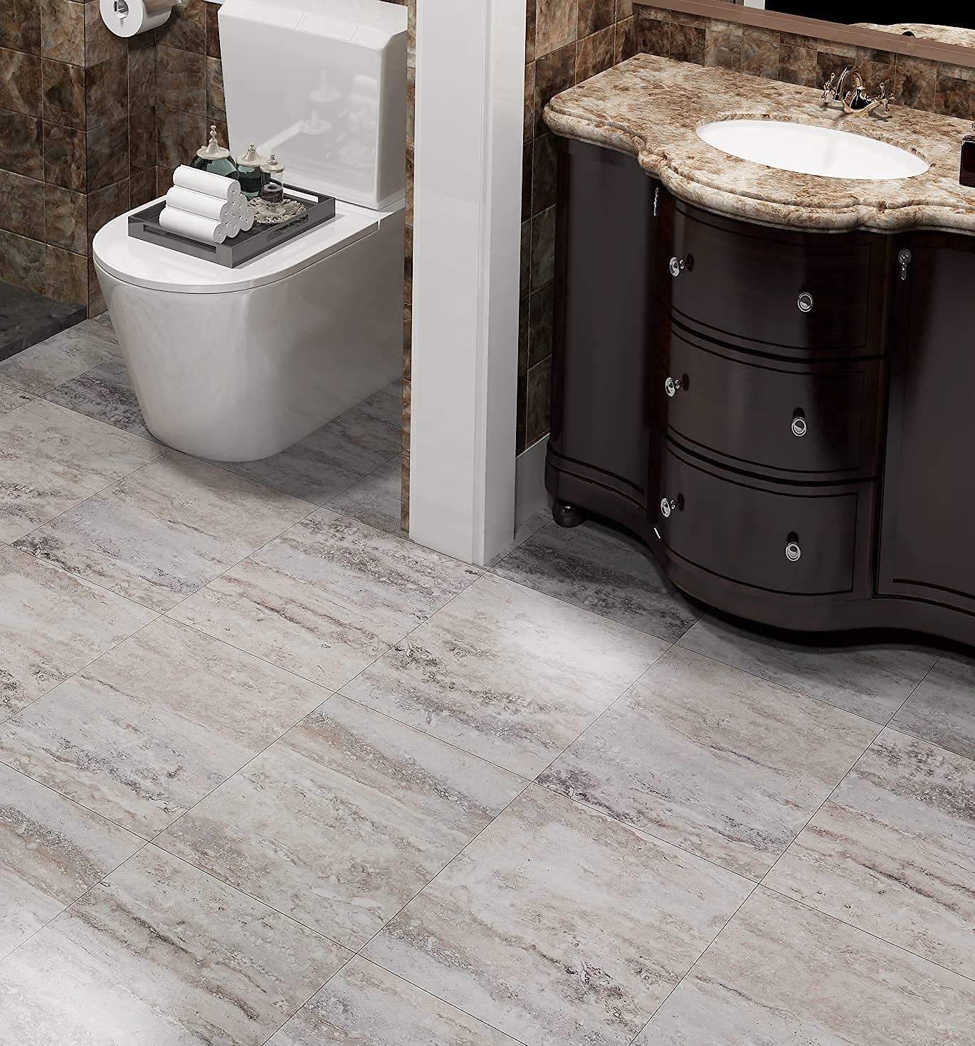 Livelynine 16-Pack Rustic Peel and Stick Floor Tile for Bathroom Flooring Waterproof Vinyl Flooring Stick on Floor Tiles for Kitchen Bedroom Peel and Stick Laminate Flooring Linoleum Tiles 12X12In