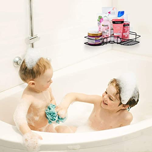 Corner Shower Caddy, Bathroom Accessories for Bathroom Storage, 2-Pack No Drilling RustProof Stainless Steel Shower Rack Wall Shelves Organizer, 1 Soap Holder with 8 Adhesive Hooks, Black