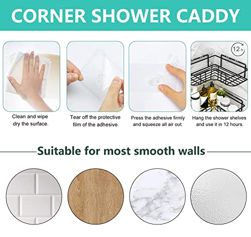 Corner Shower Caddy, Bathroom Accessories for Bathroom Storage, 2-Pack No Drilling RustProof Stainless Steel Shower Rack Wall Shelves Organizer, 1 Soap Holder with 8 Adhesive Hooks, Black