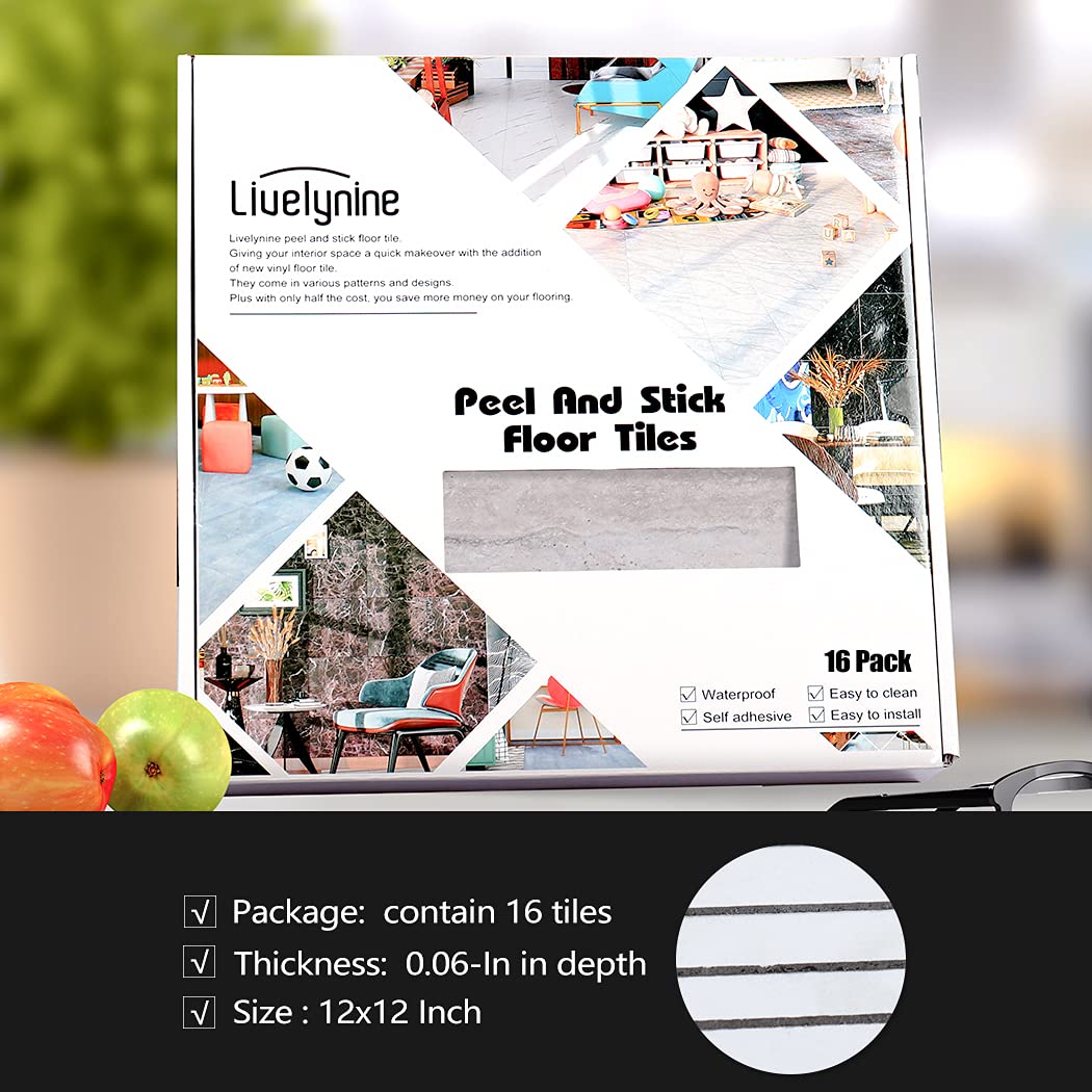 Livelynine 16-Pack Rustic Peel and Stick Floor Tile for Bathroom Flooring Waterproof Vinyl Flooring Stick on Floor Tiles for Kitchen Bedroom Peel and Stick Laminate Flooring Linoleum Tiles 12X12In
