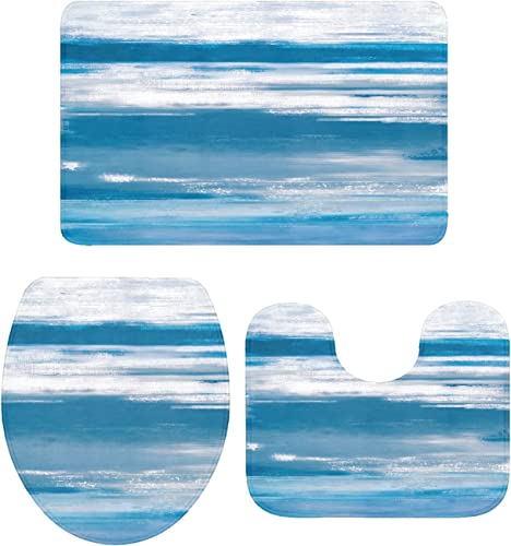 Fashion 3 Piece Bath Rugs Set Abstract Blue and Gray Art Textured Non Slip Ultra Soft Bathroom Accessories Mats, U Shape Mat and Toilet Lid Cover Mat Bath Mats