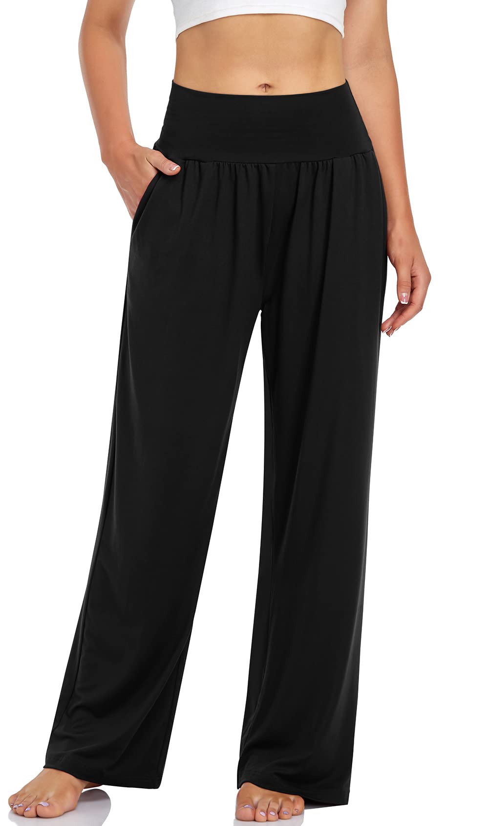 UEU Women's Plus Size High Waisted Yoga Pants 2XL Casual Loose Fit Lounge Wide Leg Sports Athletic Sweat Pants with Pockets(Black,XXL)