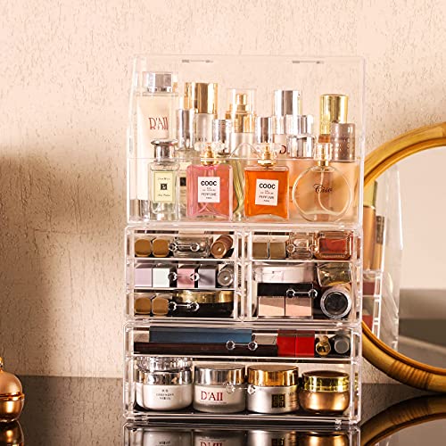 Cq acrylic Cosmetic Display Cases With LId Dustproof Waterproof for Bathroom Countertop Stackable Clear Makeup Organizer and Storage With 7 Drawers,Set of 3