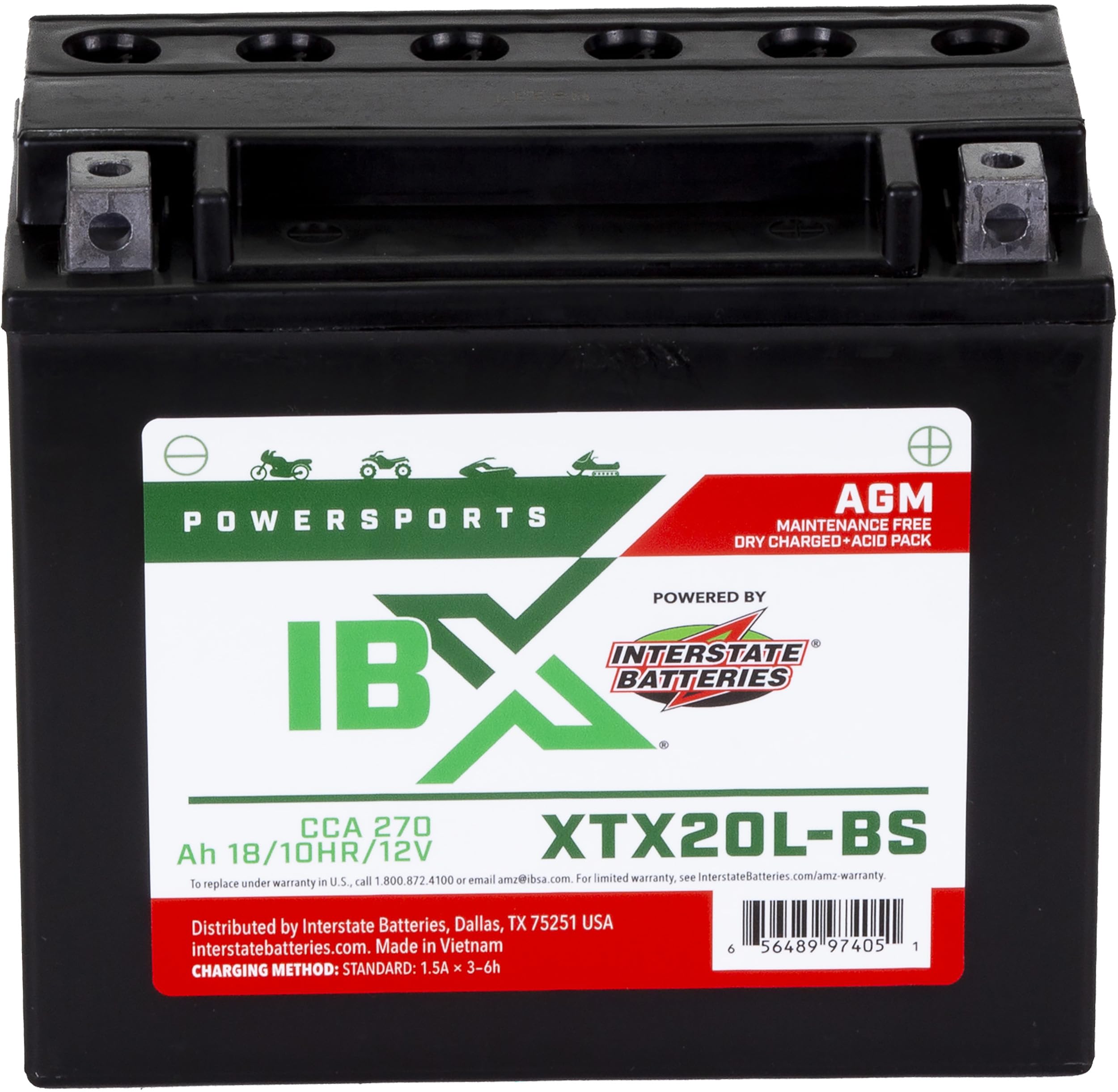 Interstate Batteries YTX20L-BS 12V 18Ah Powersports Battery 270CCA AGM Rechargeable Replacement for Motorcycles, ATVs, Jet Skis, Snowmobiles, UTVs (XTX20L-BS)