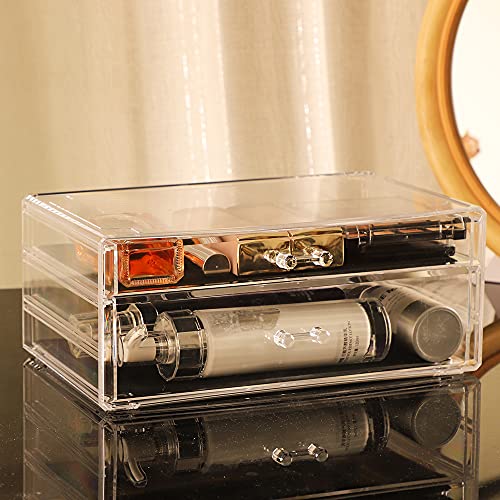 Cq acrylic Cosmetic Display Cases With LId Dustproof Waterproof for Bathroom Countertop Stackable Clear Makeup Organizer and Storage With 7 Drawers,Set of 3