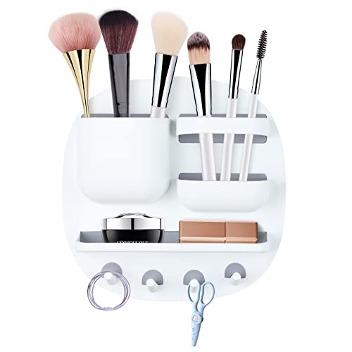 Kilolemo Wall Mounted Makeup Brush Holder Small Storage Organizer Adhesive Wall Storage Holder Hanging Container Toothbrush Storage Rack for Badroom Bathroom Kitchen(White)