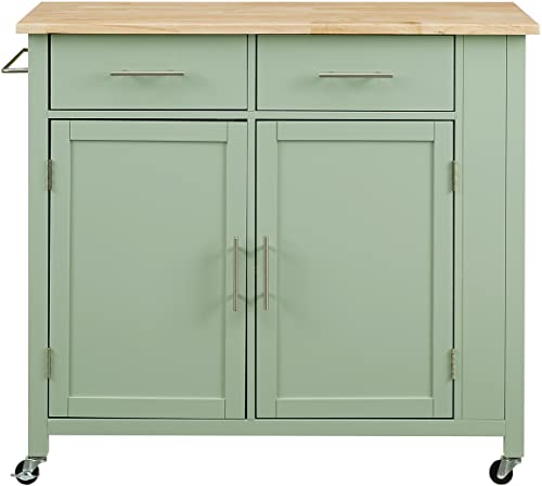 Crosley Furniture Savannah Wood Top Drop Leaf Rolling Kitchen Island Cart with Spice Rack and Shelves, Mint