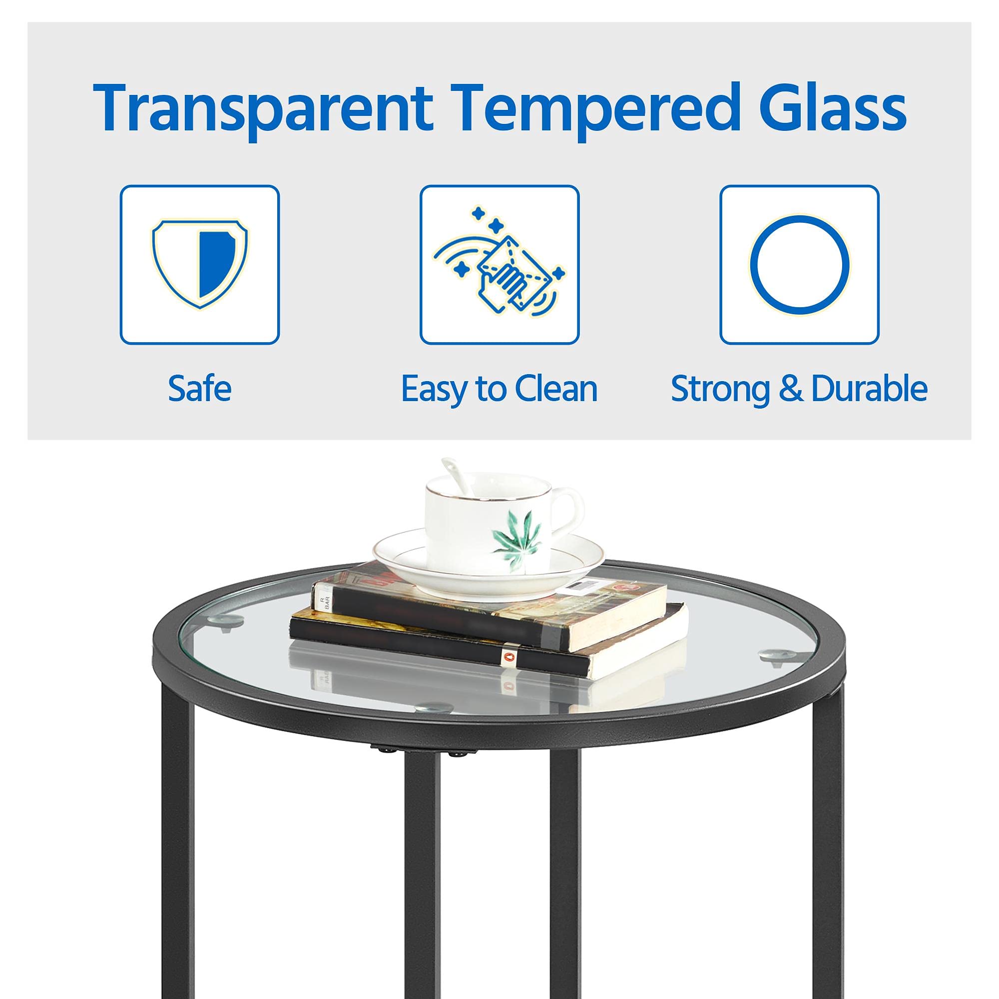 Yaheetech Black Glass End Table Set of 2, Round Side Table Modern Style Tall End Table Accent Table with Glass Top & Metal Frame, 2pcs Glass Side Table for Living Room, Balcony, Bedroom