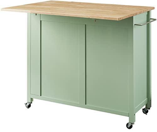 Crosley Furniture Savannah Wood Top Drop Leaf Rolling Kitchen Island Cart with Spice Rack and Shelves, Mint