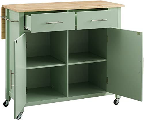 Crosley Furniture Savannah Wood Top Drop Leaf Rolling Kitchen Island Cart with Spice Rack and Shelves, Mint