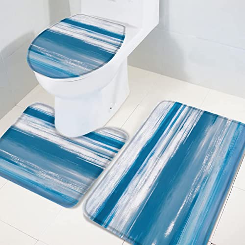 Fashion 3 Piece Bath Rugs Set Abstract Blue and Gray Art Textured Non Slip Ultra Soft Bathroom Accessories Mats, U Shape Mat and Toilet Lid Cover Mat Bath Mats